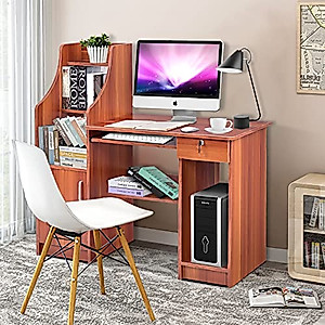 Tangkula Computer Desk with Storage Cabinet & Drawer, Wood Frame Home Office Desk with Pull-Out Keyboard Tray, Computer Workstation with Hutch Storage Bookshelf & CPU Compartment, Study Writing Table