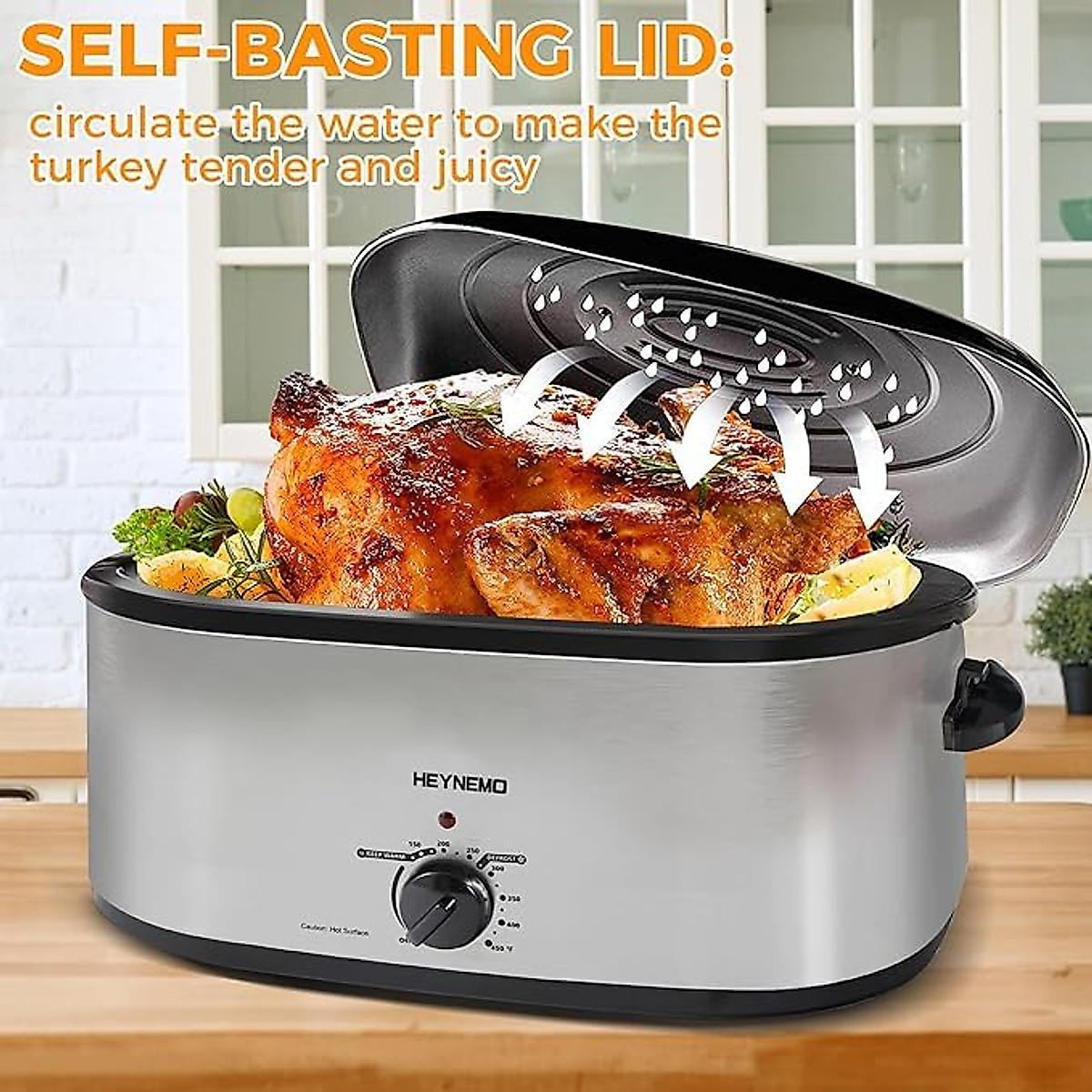 Roaster Oven, Turkey Roaster Oven Buffet with Self-Basting Lid, 22Qt Electric Roaster Oven, Removable Pan, Cool-Touch Handles, 1450W Stainless Steel Roaster Oven, Silver