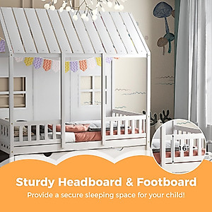KOMFOTT Twin Size House Bed with Trundle, Wood Kid’s House Bed Frame with Roof, Windows, Fence Rails, Playhouse Bed Frame with Sturdy Bed Slats for Boys & Girls, No Box Spring Needed (White, Twin)