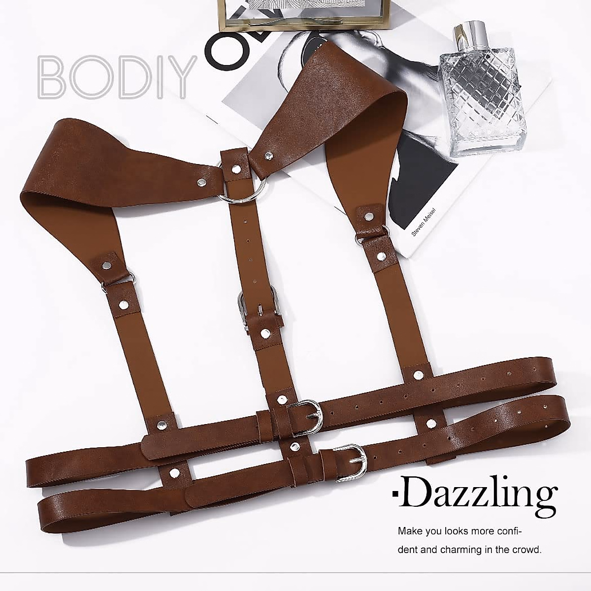 BODIY Punk Women Waist Belts Brown PU Leather Fashion Body Chain Belt Circle Rave Halloween Accessories Belt Adjustable Gothic