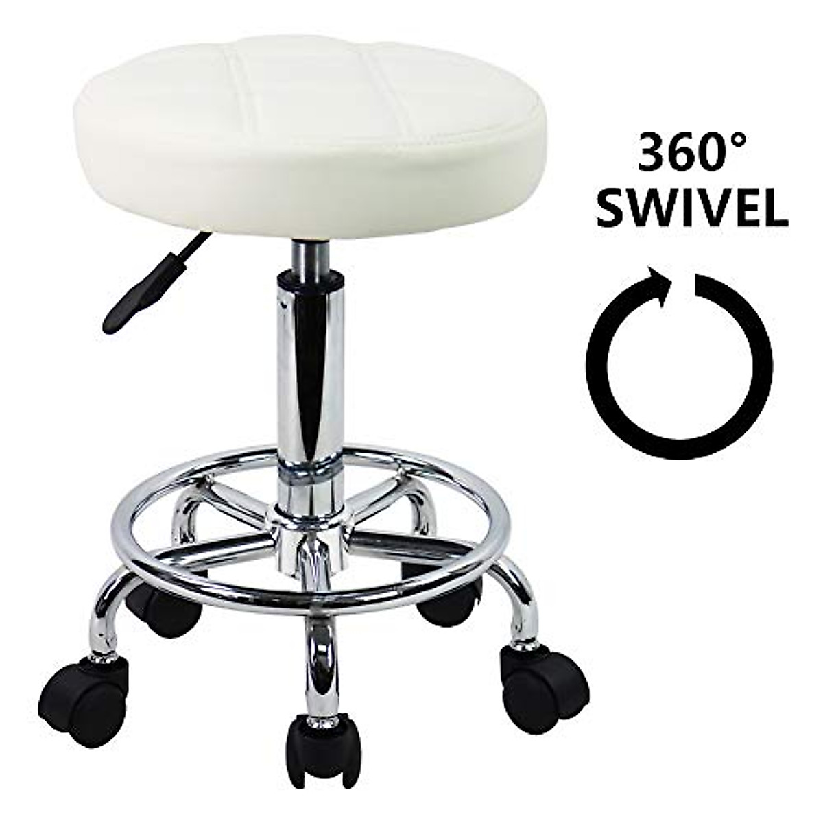 KKTONER Round Rolling Stool Chair PU Leather Height Adjustable Swivel Drafting Work SPA Shop Salon Stools with Wheels Office Chair Small (White)