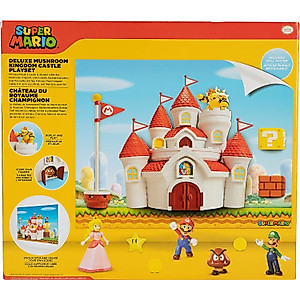 Super Mario Nintendo Deluxe Mushroom Kingdom Castle, Wall Display & Playset with (5) 2.5" Articulated Action Figures (Exclusive Bowser Figure, Princess Peach, Mario, Luigi & Goomba)