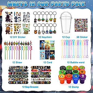 Kids Birthday Party Supplies - 146Pcs Party Favor Set Include 12 Cups, 12 Sticks Straw, 12 Keychains, 12 Face Stickers, 12 Thanks Cards, 12 Bubble Sticks, 12 Stamps, etc Gift for Kids Boys Girls