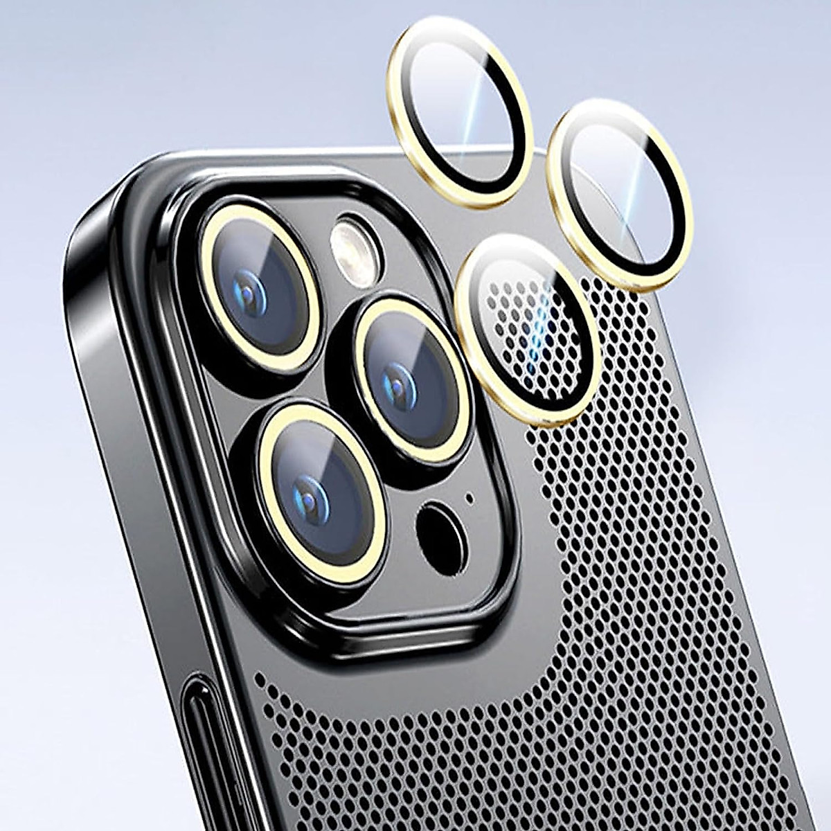 Electroplating Heat Dissipation Phone Case for iPhone 14 13 12 Promax, New Heat Dissipation Plating Fine Hole Protector for iPhone Case, in Crystal Lens Film Coating Mobile Phone Case(14Pro Max, Gold)