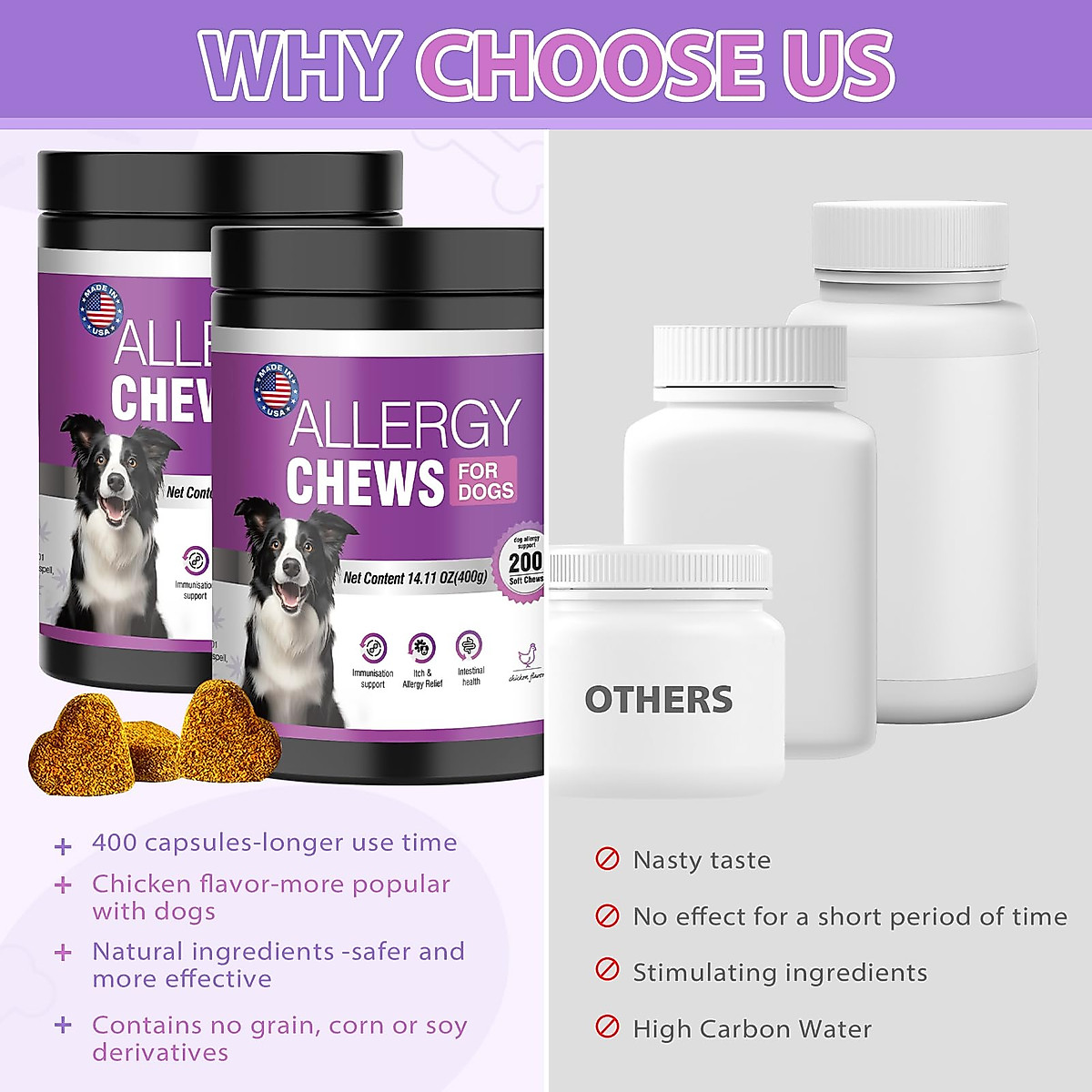 Dog Allergy Chews 100 PCs,Itch and Allergy Chew for Dogs, Relief for Itchy Skin and Seasonal Allergies in Dogs,Vitamin Immune Supplement