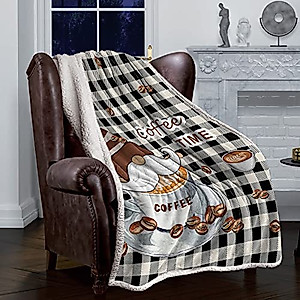 Sherpa Fleece Throw Blanket,Coffee Gnome Black Checker Retro Linen Soft Reversible Flannel Throws for Couch Sofa Bed,Dwarf Espresso Warm Cozy Blankets for Travel,Camping,Home Decor 40x50In