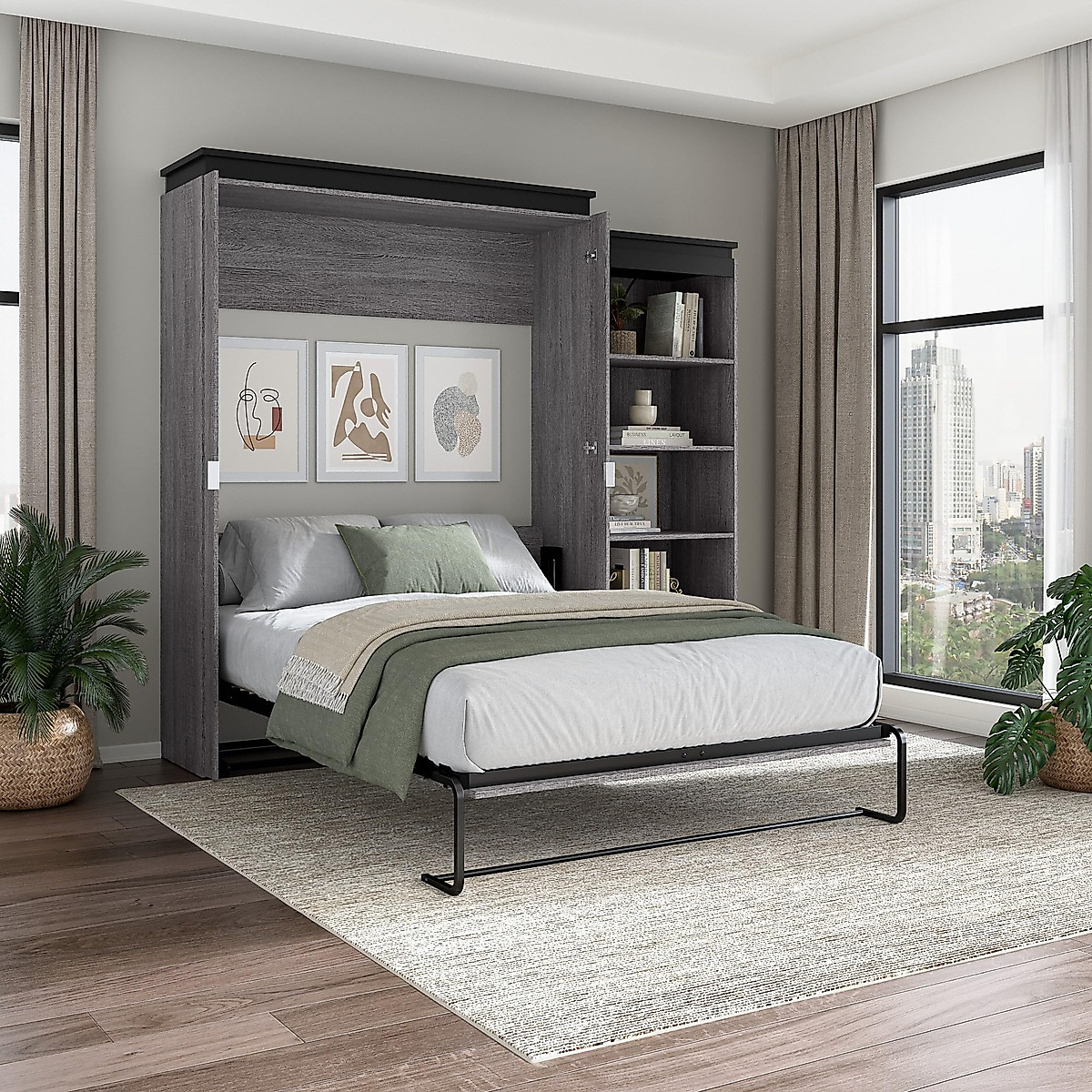 Bestar Orion Queen Murphy Bed with Shelves (97W) in Bark Grey and Graphite, Sleeping Arrangement with Storage