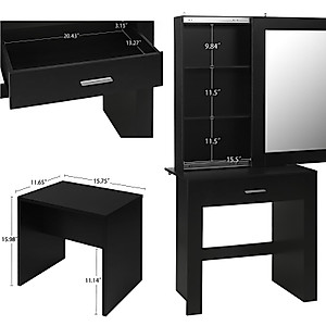 PHPMFTOS Makeup Vanity Desk with Mirror and Stool Bedroom Dressing Table with Storage Shelves Drawer Vanity Set for Women (Black)