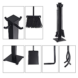 Tangkula 5 Pieces Fireplace Tools, Modern Contemporary Chimney Fireplaces Hearth Accessories,Includes Wrought Iron Tong Poker Base Shovel Brush, Indoor Outdoor Tools for Fireplace Black