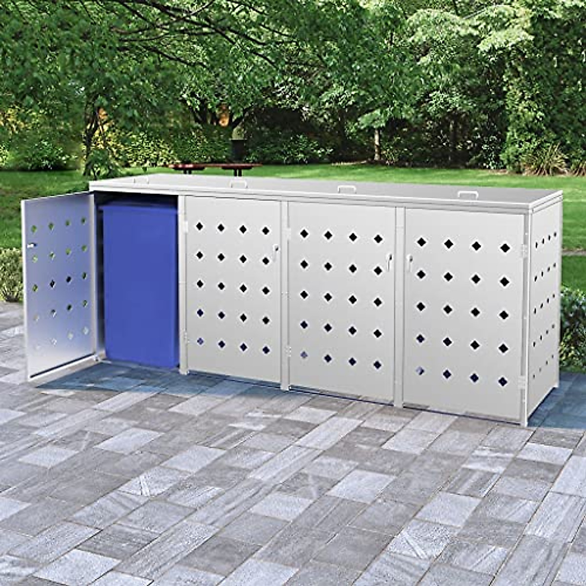 vidaXL Quadruple Wheelie Bin Shed 63.4 gal Waste Container Enclosure Cover Garbage Trash Bin Box Home Garden Household Supply Stainless Steel