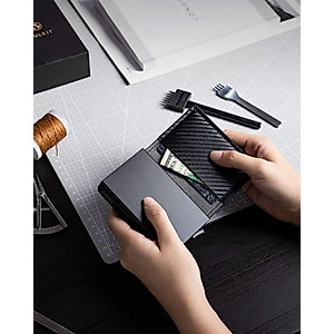 VULKIT Pop Up Wallet Automatic Leather Slim Credit Card Holder RFID Blocking Metal Double Card Case for Men and Women Carbon Fiber Black