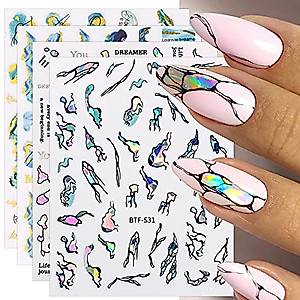 JMEOWIO 9 Sheets Marble French Tip Nail Art Stickers Decals Self-Adhesive Pegatinas Uñas Wave Colorful Nail Supplies Nail Art Design Decoration Accessories