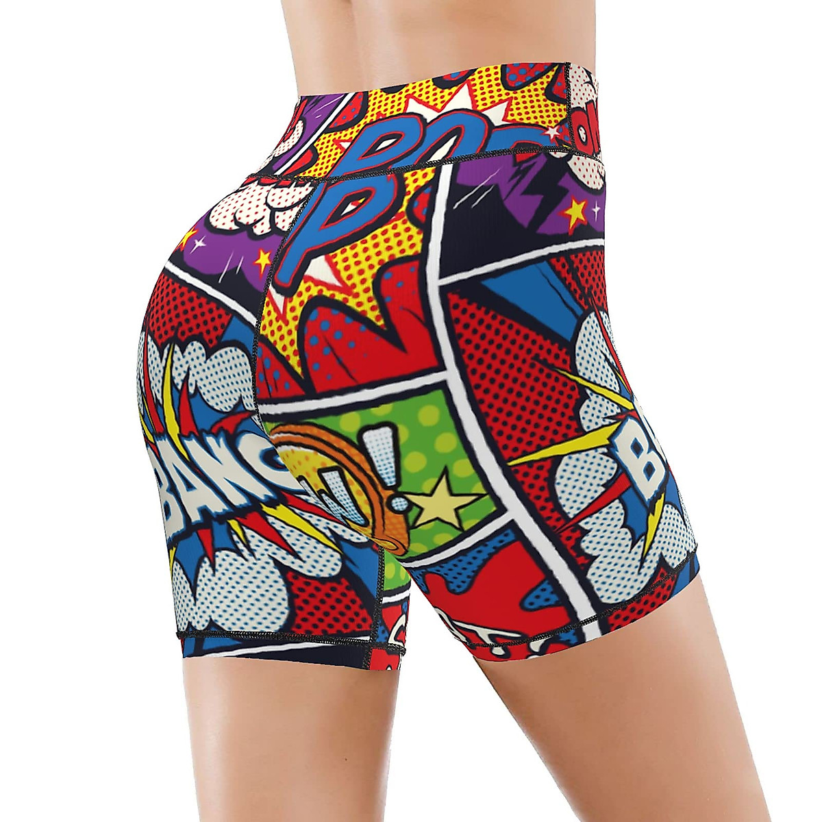Retro Pop Art Comic Shout Women's High Waist Bike Shorts for Workout Sports Athletic Running Hiking Biker Yoga Gym XL Size
