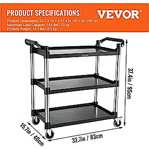 VEVOR Utility Service Cart, 3 Shelf Heavy Duty 154LBS Food Service Cart, Rolling Utility Cart with Lockable Wheels, 32.7" x 15.7" x 37.4" Plastic Utility Cart for Kitchen Office Restaurant Home, Black