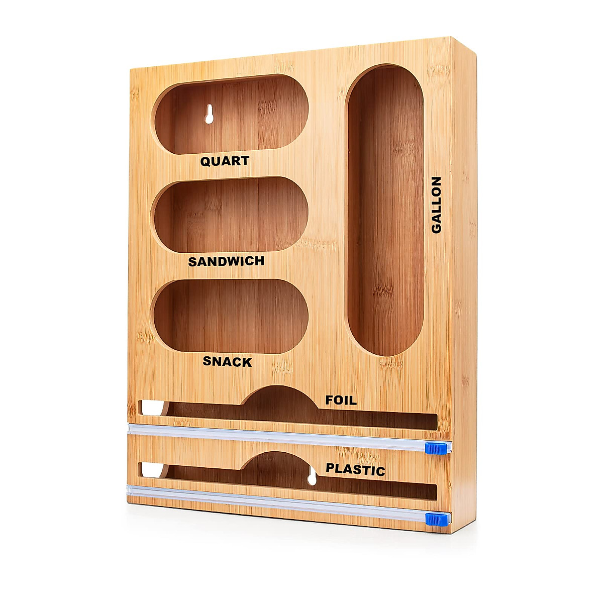 Kitchen Foil and Plastic Wrap Organizer, Bamboo Ziplock Bag Storage Organizer, Wrap Dispenser with Cutter，Compatible with Gallon, Quart, Sandwich and Snack Variety Size Bag