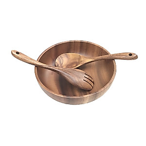 XD MEXL Wooden Bowl Wooden Salad Bowl Set, 9.45 inch Acacia Wood Large Salad Serving Bowl with Fork and Spoon, Handmade Wooden Mixing Bowl Utensils Set (3pcs)