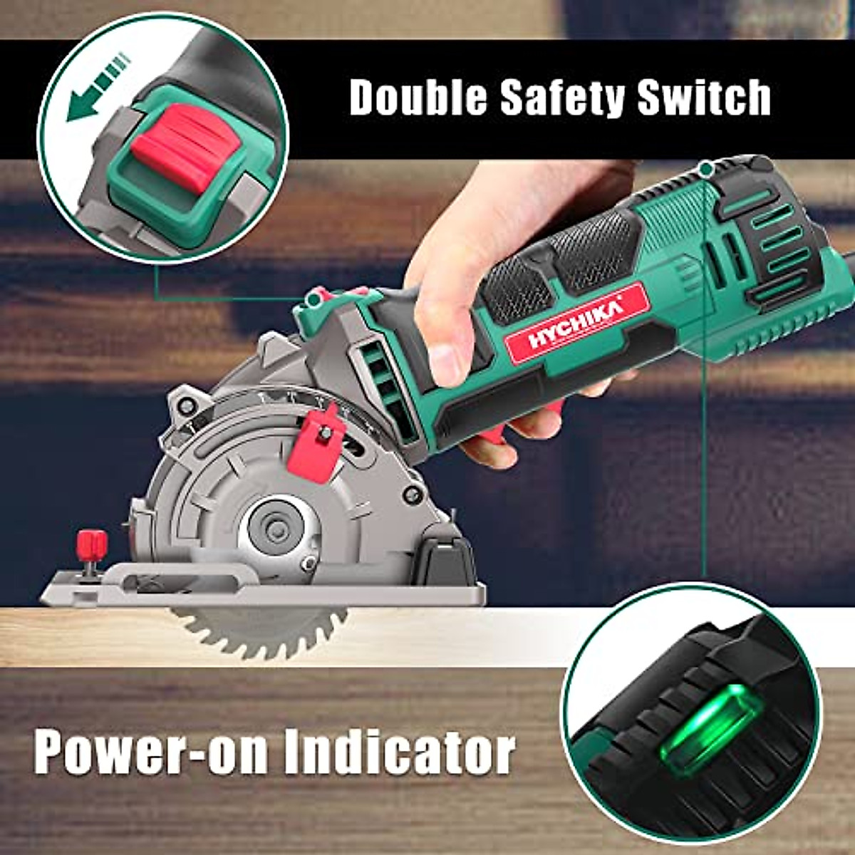 Mini Circular Saw, HYCHIKA Compact Circular Saw Tile Saw with 3 Saw Blades 4A Pure Copper Motor, 3-3/8”4500RPM Ideal for Wood, Soft Metal, Tile and Plastic Cuts, Laser Guide, Scale Ruler