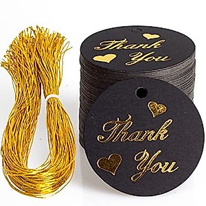 Thank You Tags,100pcs Black Round Paper Gift Wrap Hang Tags with String for Wedding Baby Shower Birthday Party Favors