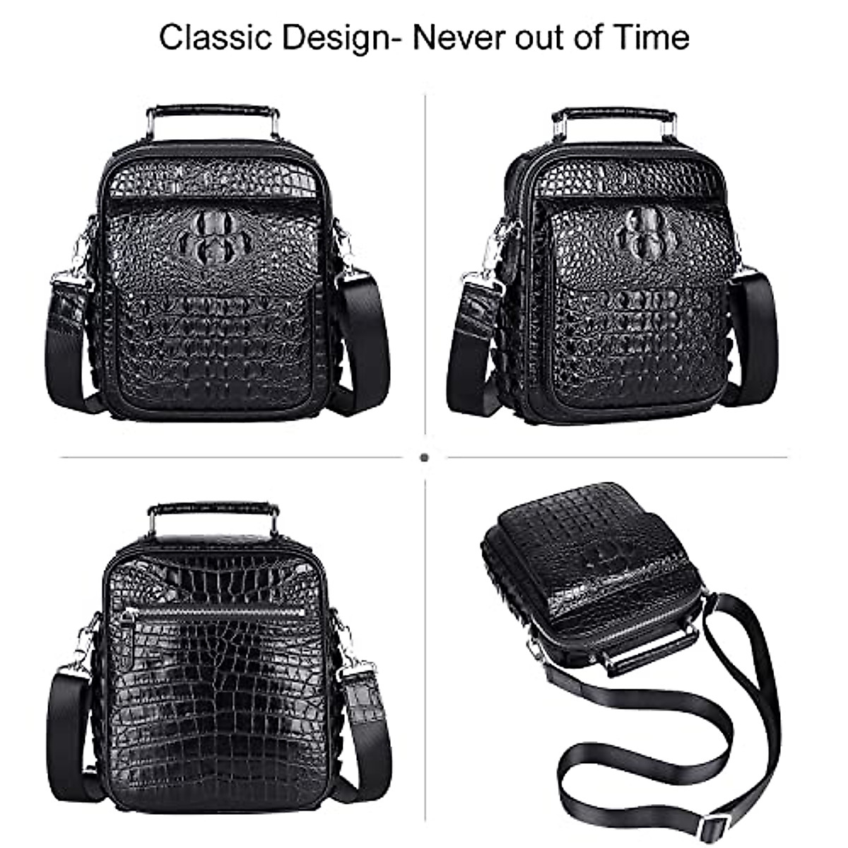 PIJUSHI Crocodile Leather Crossbody Bag for Men Genuine Leather Small Messenger Bag Shoulder Bag(PE002 Black)