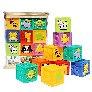 Building Blocks Baby Toys for 3 Months and up, Soft Squeeze Sensory Colorful Teething Chewing Educational Stacking Blocks with 3D Embossed Patterns