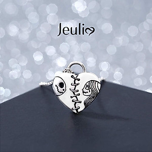Jeulia Jack Skellington and Sally Heart Necklace 925 Sterling Silver The nightmare before Chirstmas Pendant Necklace Halloween Chrismas Romantic Jewelry Gift for Women Men Girlfriend