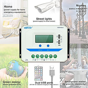 EPEVER Solar Charge Controller 60A 12V/24V/36V/48V Auto with USB Output Light and Time Control LCD Display for Solar Panel Power System (60A, VS6048AU)