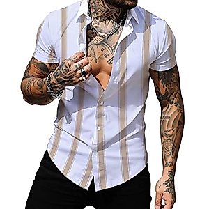 Uni Clau Men's Short Sleeve Dress Shirts Fashion Party Button Down Shirts Casual Business Striped Printed Shirts M