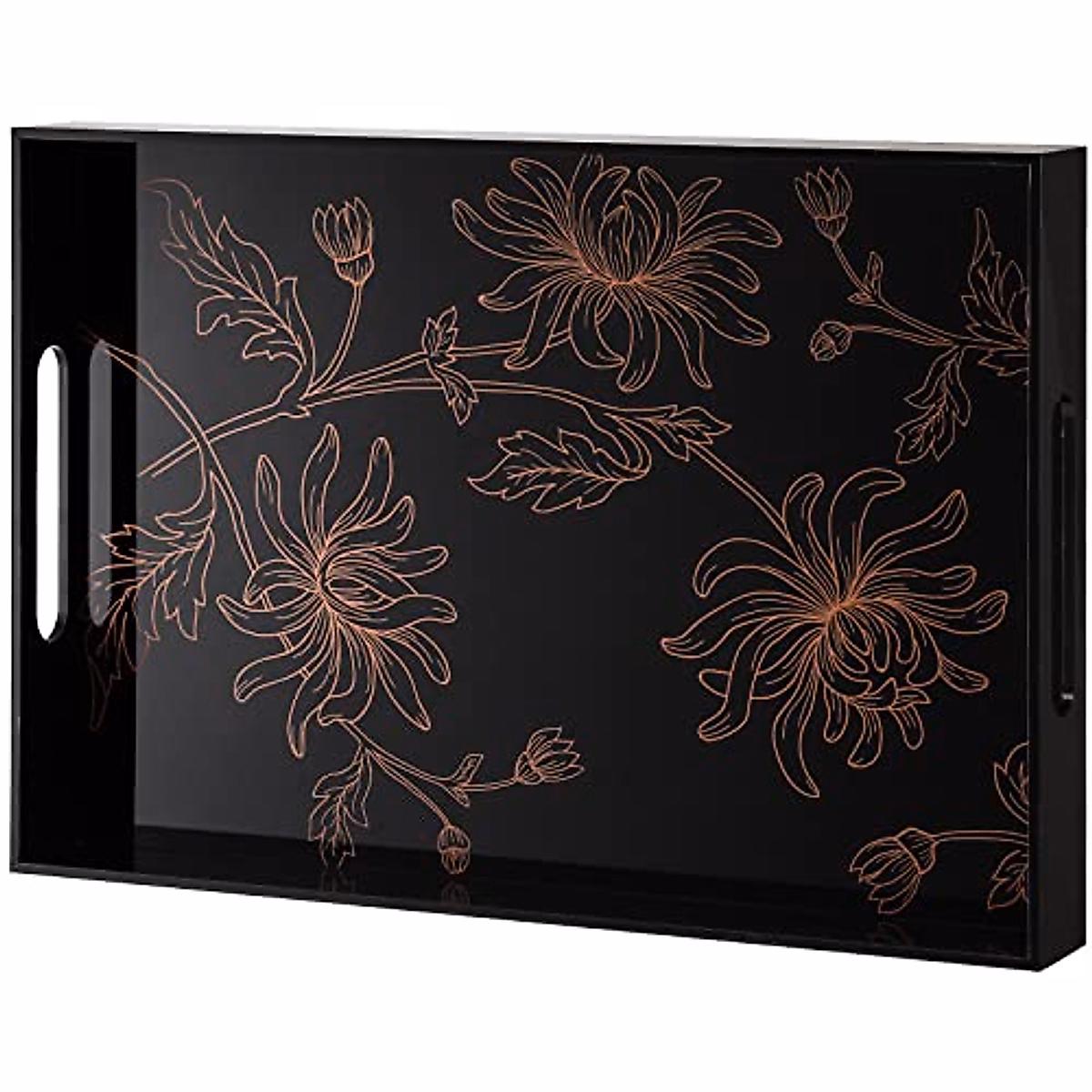 Hacaroa Black Acrylic Serving Tray with Handles, 17" x 12" Rectangular Breakfast Tray for Coffee Table, Appetizer, Tea, Decorative Floral Vanity Tray Organizer, Spill-Proof