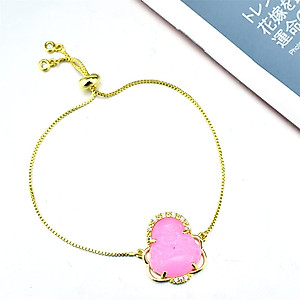 COLORFUL BLING Natural Jade Stone Laughing Buddha Link Bracelet Pendant 18K Gold Plated Cubic Zirconia Crystal Adjustable Lucky Gemstone Amulet Protection Jewelry for Women Men-Pink