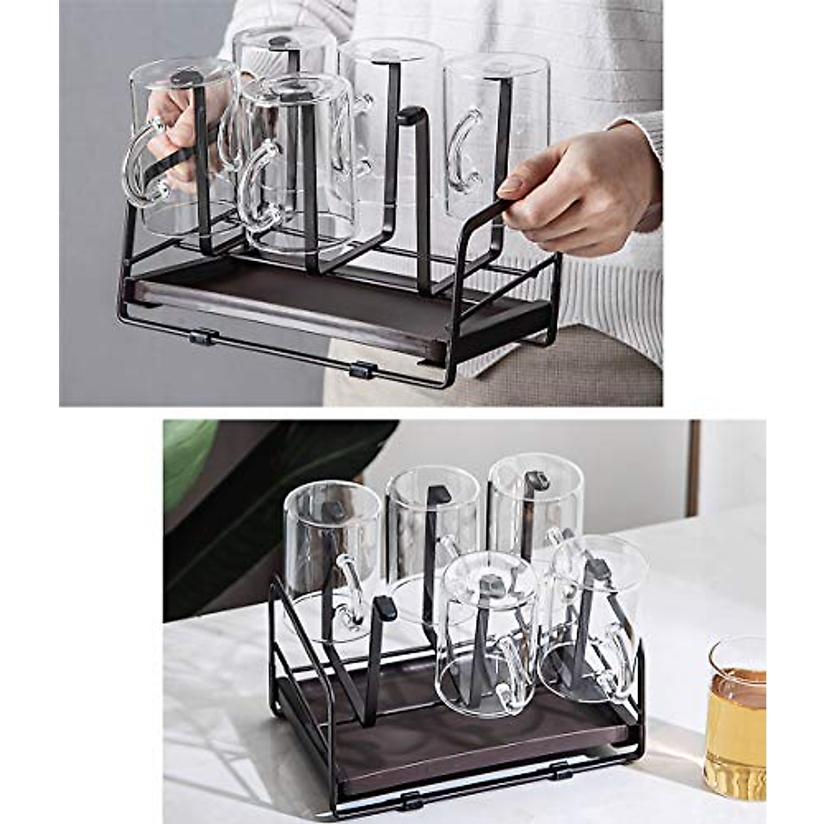 YEAVS Cup Drying Rack with Drain Tray, Bottle Drying Rack Stand with 6 Hooks, Mug Organizer, Brown