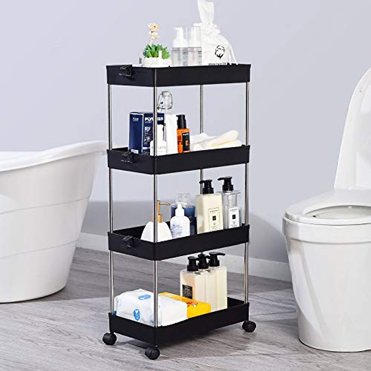 AHXML 4-Tier Storage Cart Rolling Utility Cart Storage Shelf Rack Mobile Storage Organizer Shelving for Office, Kitchen, Bedroom, Bathroom, Laundry Room & Dressers, Plastic & Stainless Steel, Black