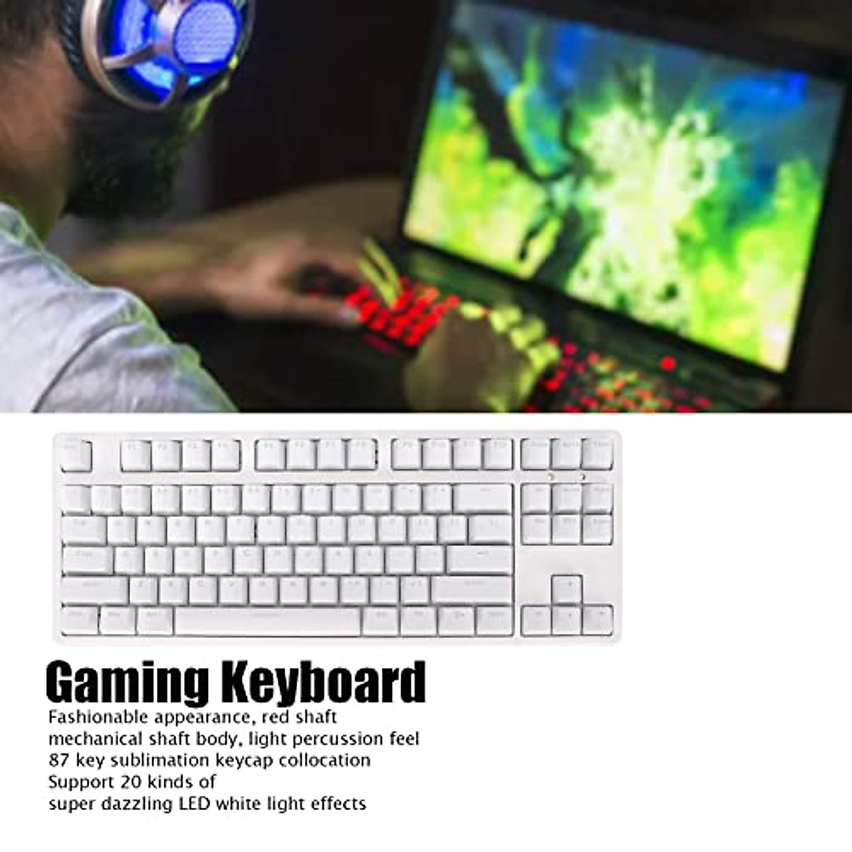Wired Keyboard, Fashion Appearance 20 LED White Light Effects Mechanical Keyboard Ergonomic Design for Work for Home Gaming for Office(White)