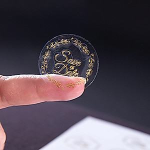 500 Pcs Save The Date Gold Circle Envelope Seals Stickers Party Invitation Self-Adhesive Universal Sealing Foil Transparent Stickers for Wedding Birthday Valentines Baby Shower Seals Lables Sticker