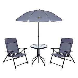 Nice C 3 Piece Patio Dining Set, Garden Outdoor Furniture Table Set with Tilted Removable Umbrella, Glass Table, and 2 Folding Chairs (Grey)