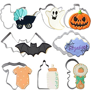 Halloween Themed Cookie Cutter Set, Stainless Steel Skull Bat, Pumpkin Ghost, Bottle Rattle,Onesie Baby Carriage, Biscuit Molds for Baby Shower