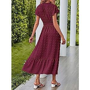 MEROKEETY Summer Short Sleeve Vneck Wedding Dress Swiss Dot Flowy A Line Tiered Maxi Dresses Burgundy Medium