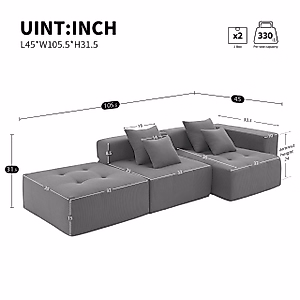 Merax 105.5'' L-Shaped Modular Sectional Sofa for 4, Minimalist Convertible Corduroy Floor Couch Set with 4 Pillows for Living Room, 3 PC Free Combination, No Assembly Required, Gray