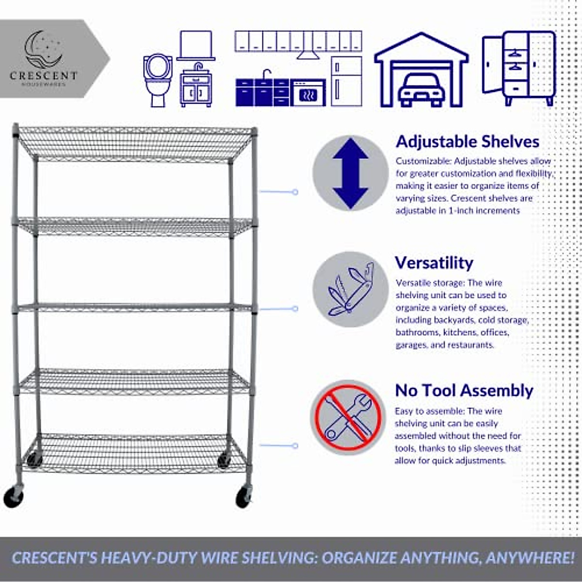Crescent 4000 LBS 48L 18W 76H Epoxy Coated Gray, 5 Tier Racks for Storage, Heavy Duty Wire Shelving Rack with 4" Casters