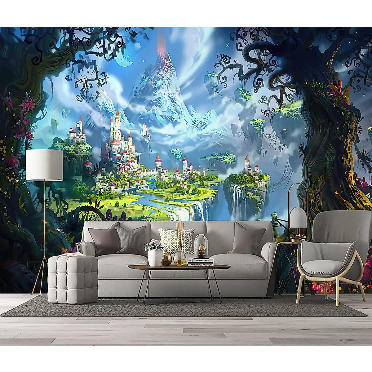 BZHXBZ - 3D Space Enchanted Forest Backdrop Dream Castle Wallpaper Nursery Kids Bedroom Waterfall murals Boys and Girls Room Decor Home Living Room Large Wall Mural - 91"x65" Not Peel and Stick