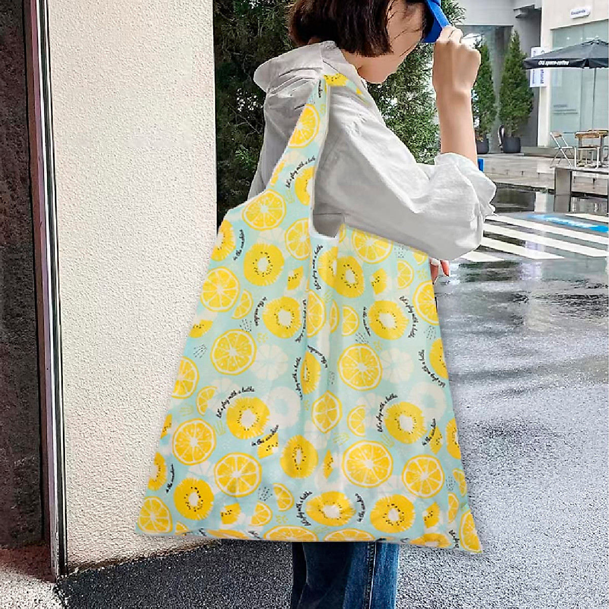 Elephant-package Pack of 6 Reusable Shopping Bags Foldable with Hook- Washable- Large Grocery Bag with Pouch Tote Bags (Fruit Birds)