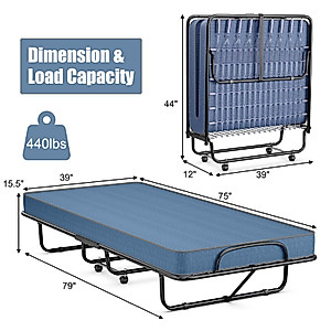 Giantex Folding Bed with 4" Mattress for Adults, Made in Italy, Twin Size Roll away Portable Guest Bed, Memory Foam Mattress, Foldable Bed w/Metal Frame on Wheels, Easy to Store, Blue