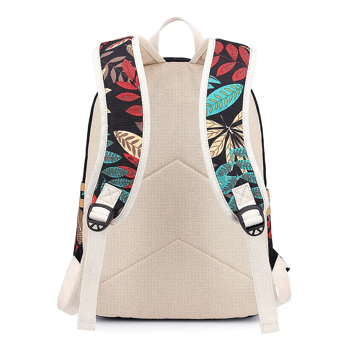 LuckyZ Women Casual Backpack Lightweight School Bookbag Canvas Leather Daykpack Cute Printng Travel Shoulder Rucksacck Leaf Black Medium