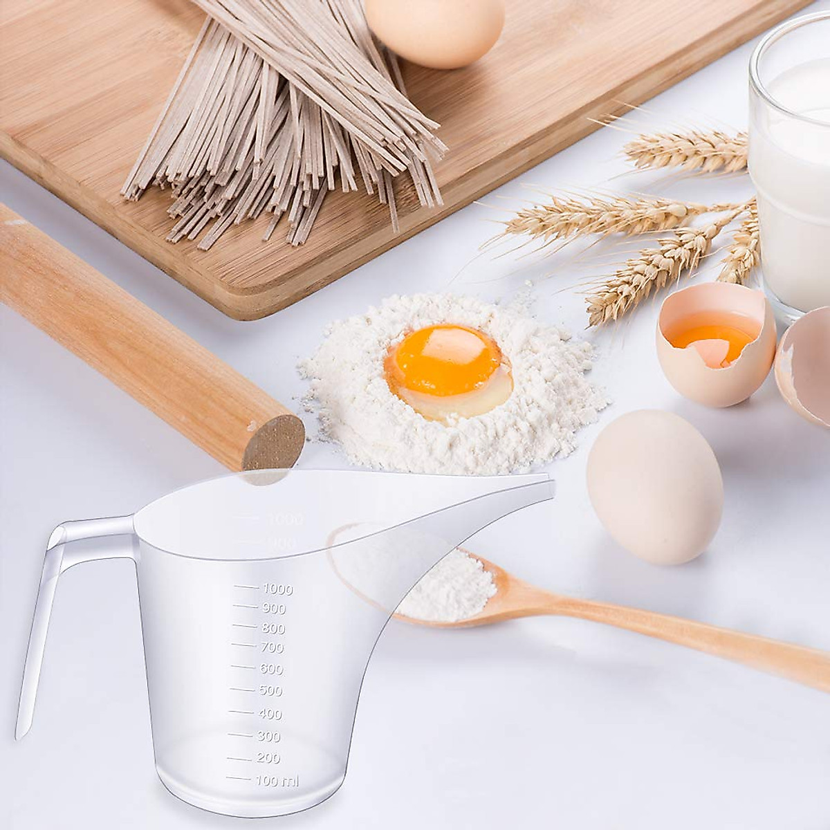 WYKOO Funnel Pitcher (1000ml) For Measuring, Easy Pour Measuring Cup with Funnel Spout, Filling Muffin Pans, Bake ware Molds, Salt Shakers, Spice Jars, Soap & Cakes Molds, Oils, Fluids（3-Pack）