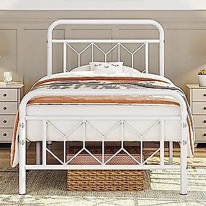 Yaheetech Metal Platform Bed Frame Mattress Foundation with Diamond Pattern Headboard/Footboard/Heavy Duty Steel Slat Support/Under Bed Storage/No Box Spring Needed/Twin Size White