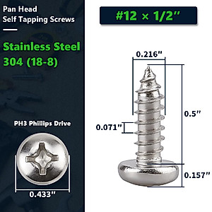 #12 x 1/2" (50 Pack) Stainless Steel Phillips Pan Head Wood Screws, Stainless Steel 304 (18-8), Pan Head Sheet Metal Screws Self Tapping Screws