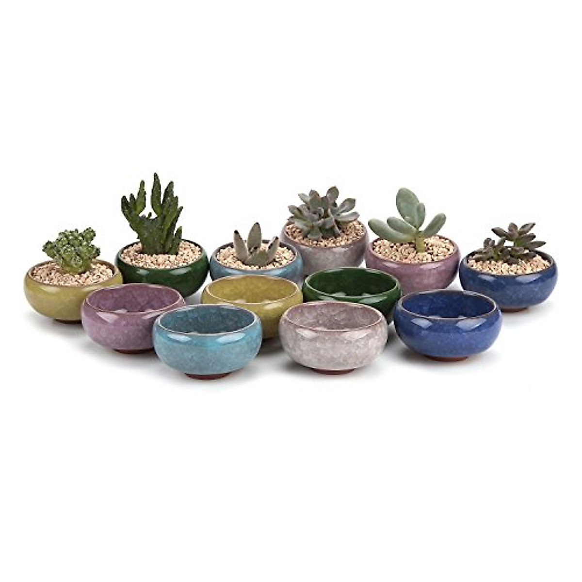 T4U 2.5 Inch Small Ceramic Succulent Planter Pot with Drainage Hole Set of 12, Ice Crack Glaze Porcelain Handicraft Plant Container Gift for Mom Sister Aunt Best for Home Office Desk Decoration
