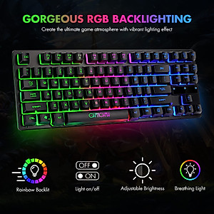 CHONCHOW White Rainbow LED , USB Wired Small Compact White Gaming Keyboard with Rainbow Backlight, 87-Key Mechanical Feeling for PC Laptop Xbox PS4 PS5