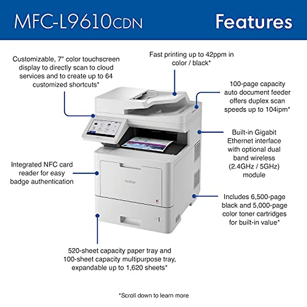 Brother MFC‐L9610CDN Enterprise Color Laser All‐in‐One Printer with Fast Printing, Large Paper Capacity, and Advanced Security Features