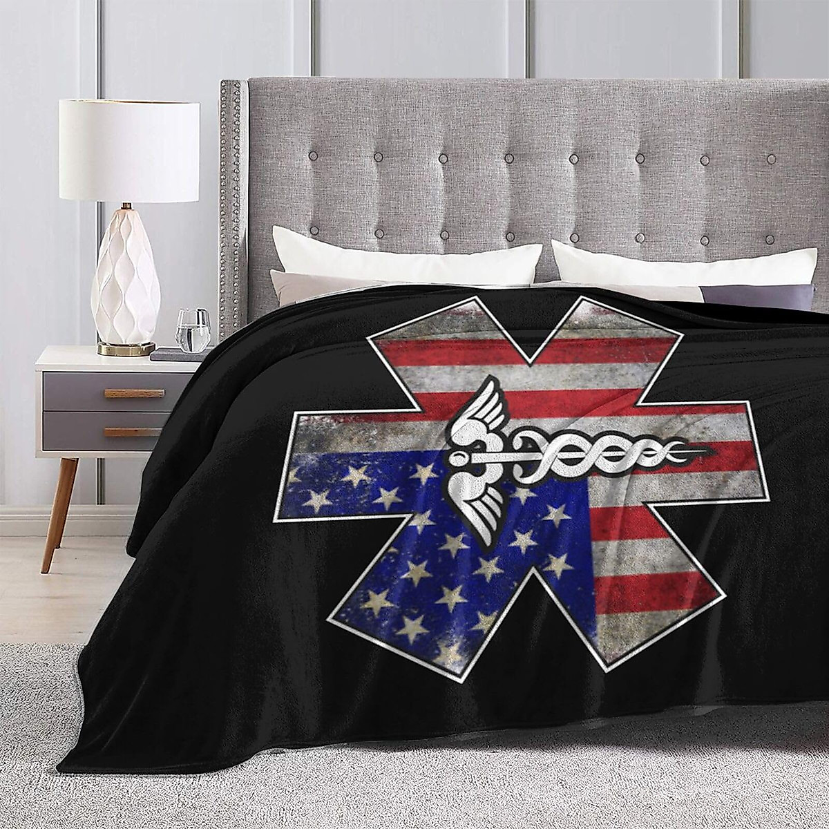 Rqwaaed EMS Star of Life EMT Paramedic Medic American Flag Throw Blankets Cozy Warm Lightweight Flannel Blanket for Sofa Bed Men and Women