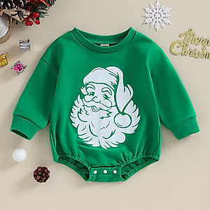 Newborn Baby Boy Girl Christmas Outfit Crewneck Sweatshirt Romper Long Sleeve Bubble Romper Oversized Bodysuit Top (Green Santa, 18-24 Months)